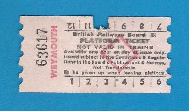 BRITISH RAILWAYS AA Platform Ticket - BRB(S) Weymouth - Thick Paper £3. ...