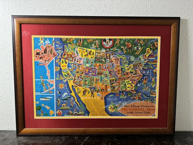 WALT DISNEY CHARACTER Pictorial Map Of The United States Puzzle Framed ...