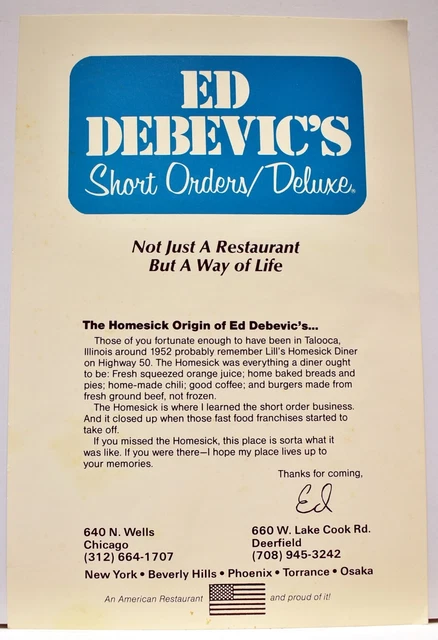 1990S ED DEBEVIC'S Restaurant Menu 640 North Wells Street Chicago ...