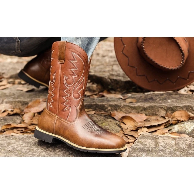 MENS BROWN WESTERN Cowboy Boots Square Toe Embroidered Mid Calf Pull On ...