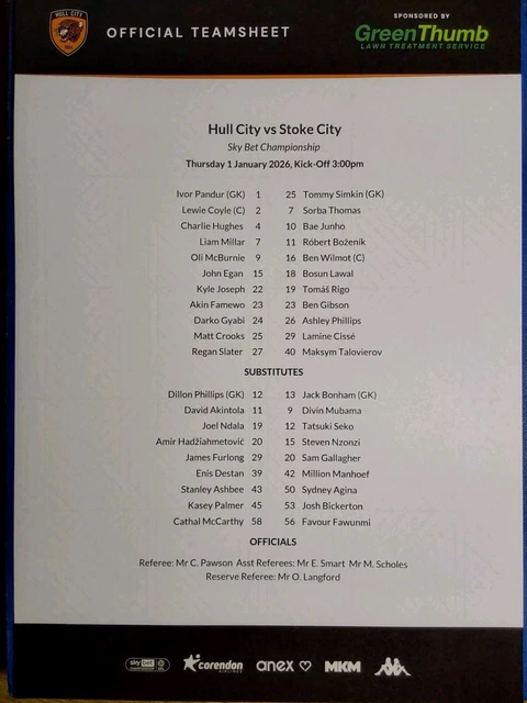 OFFICIAL TEAM SHEET Hull City v Stoke City 1st January 2016 Mint £4.37 ...