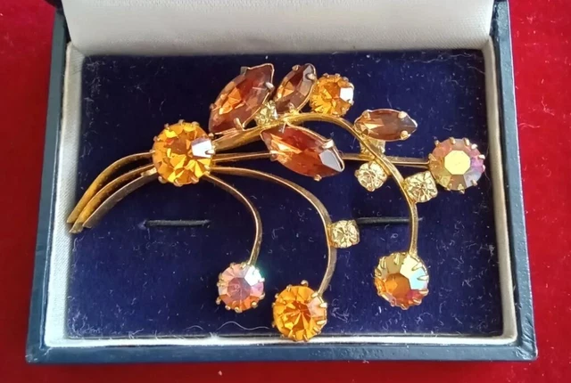 VINTAGE GOLD TONE Citrine Amber Aurora Rhinestone Glass Large Spray ...