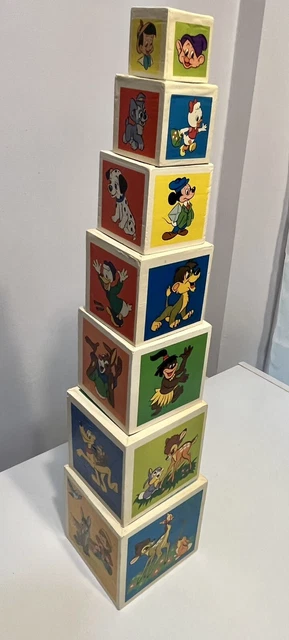 VINTAGE DISNEY STACKING Nesting Blocks Wood Litho Characters West ...
