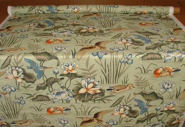 3.5 METRES SIYURI Willow Water Lily Birds Linen Blend Curtain ...