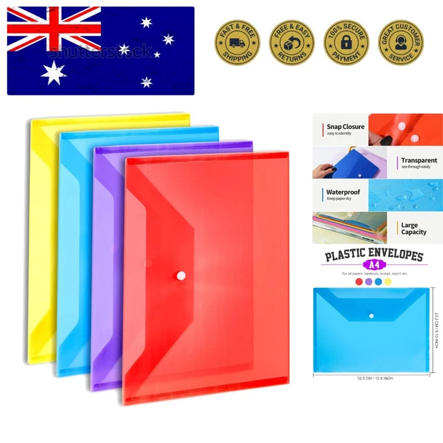 4 PACK PLASTIC Envelopes with Snap Closure, Letter A4 Size Plastic File ...