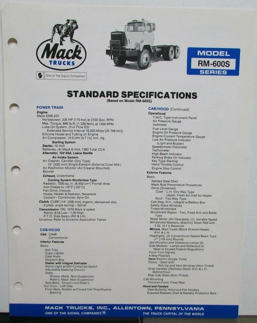 1982 MACK MODEL RM 600S Diagrams Dimensions Sales Brochure Original £9. ...