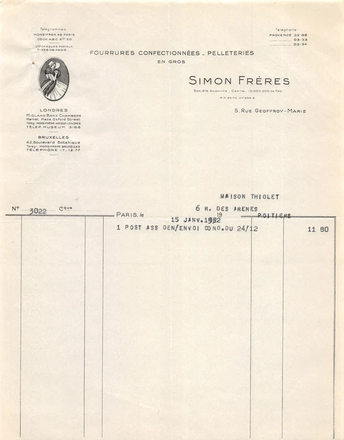 FACTURE 1932 FOURRURES SIMON FRERES A PARIS - M.THIOLET A POITIERS EUR ...