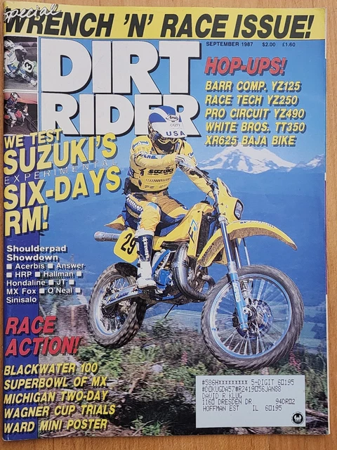 DIRT RIDER SEPTEMBER 1987 Vintage Motocross Magazine Suzuki RM YZ TT ...