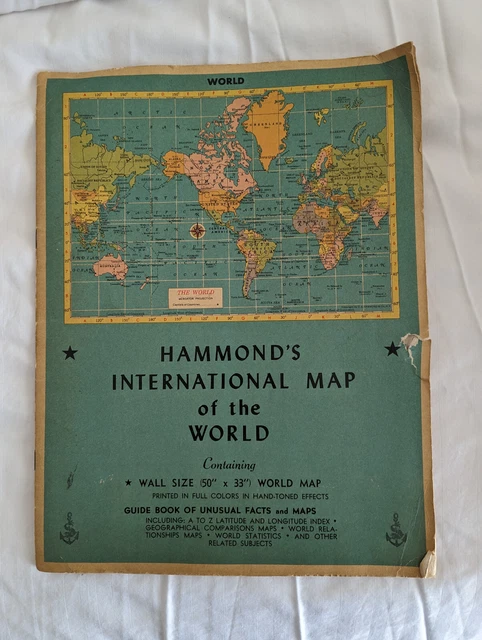 VINTAGE HAMMOND'S INTERNATIONAL Wall-Size Map of the World with Guide ...