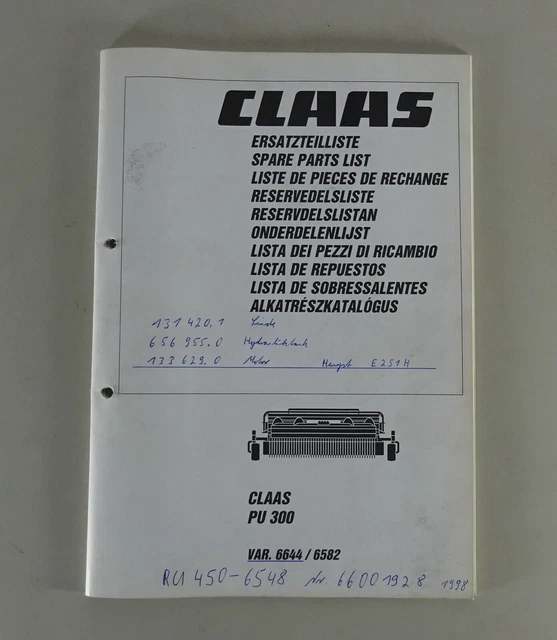 PARTS CATALOG/SPARE PARTS List Claas Pick-Up PU 300 Stand 01/1998 £28. ...