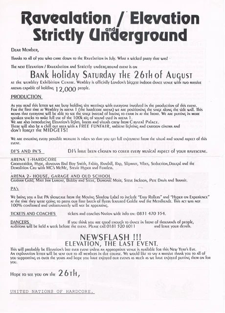 RAVEALATION ELEVATION RAVE Flyer Newsletter 26/8/95 A4 Wembley London £ ...