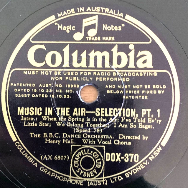 VINTAGE SHELLAC COLUMBIA 78 RPM Record. Music in the Air -Selection Pt ...