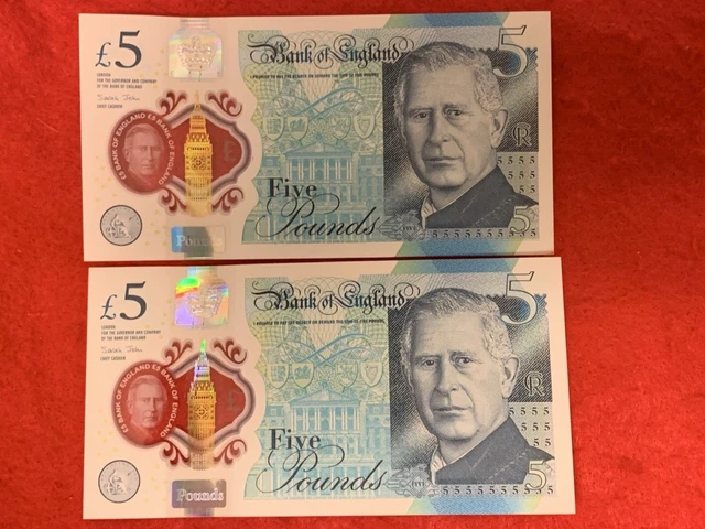 NEW KING CHARLES Plastic Polymer £5 Five pound Note CA08 952671/72 ...