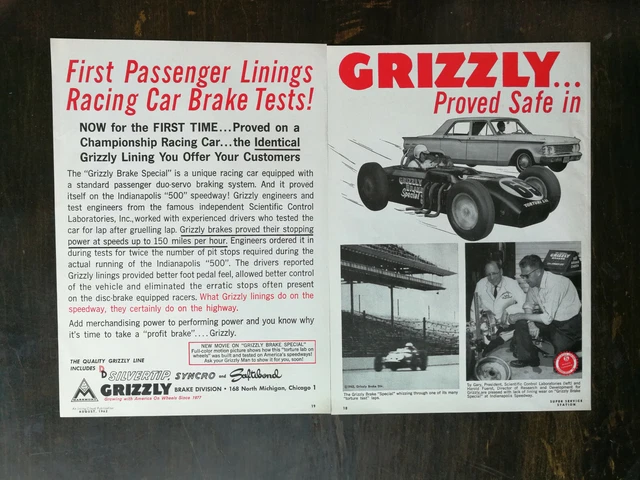 VINTAGE 1962 GRIZZLY Brake Lining Two Page Original Ad $5.59 - PicClick