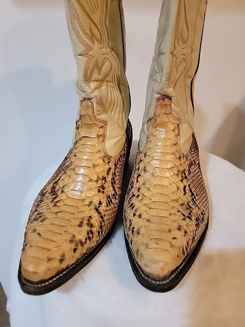 VINTAGE MENS EXOTIC Python Cream Brown Leather Embroidered Cowboy ...