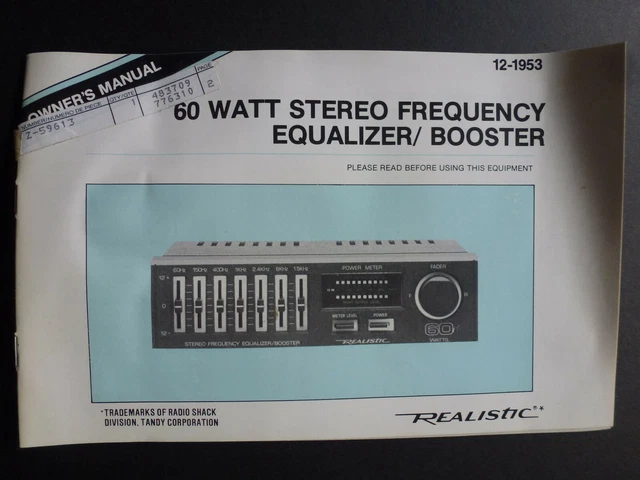 REALISTIC 60 WATT Stereo Frequency Equalizer/Booster #12-1953 Owner's Manual $26.00 - PicClick CA