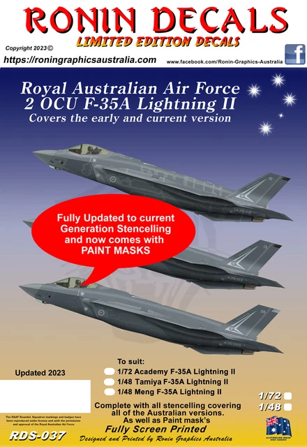 1/48 RONIN DECALS RAAF 2OCU F-35A Lightning II Decals and PM For Meng ...