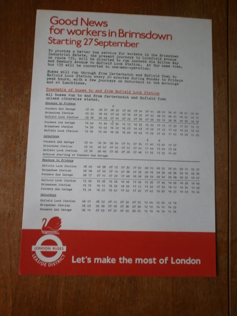 LONDON TRANSPORT BUS Stop Timetable Poster-Route 135 to Brimsdown £1.50 ...
