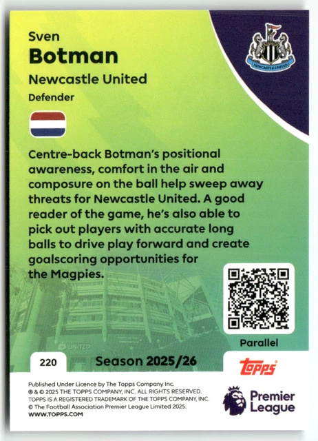 TOPPS PREMIER LEAGUE 2025-26 N° 220 Sven Botman Bleu Parallèle EUR 2,71 - PicClick FR