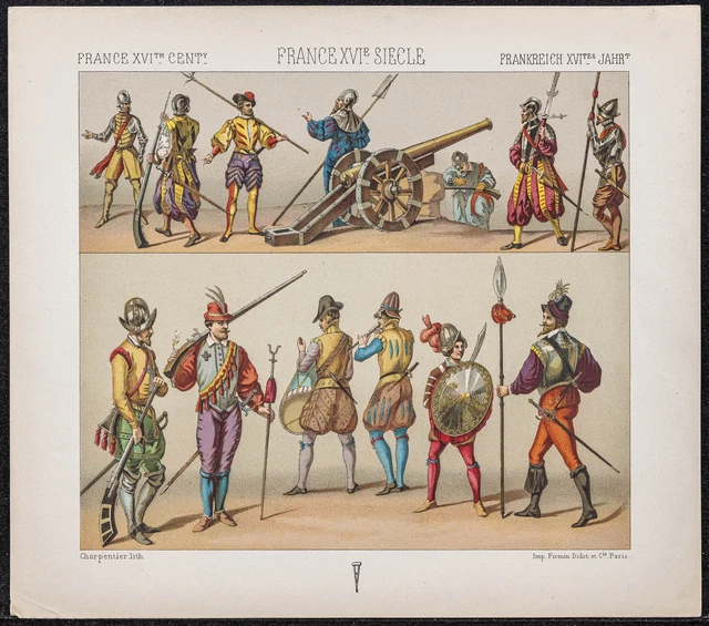 1890 - 16TH century military costumes and cannons - antique lithograph ...