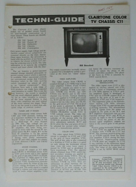 1969 TECHNI-GUIDE CLARTONE Color TV Chassis C11 Service Bulletin $12.00 ...