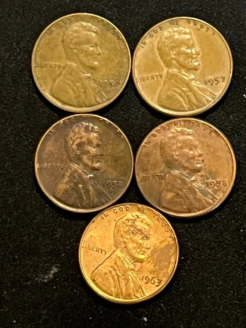 5 PENNIES FROM 1950s and 1960s. What is pictured is what is being sold ...