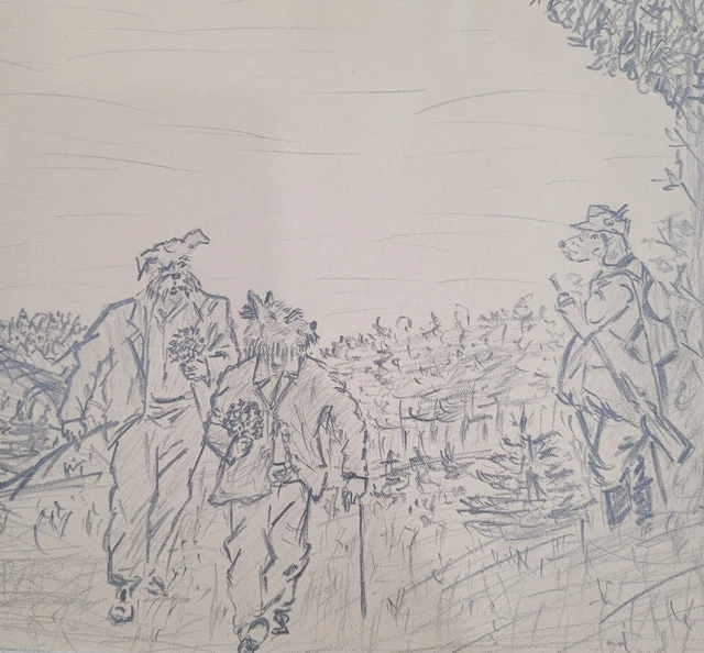 OLD PENCIL DRAWING of Anthropomorphic Dog People in Clothing Signed RK ...