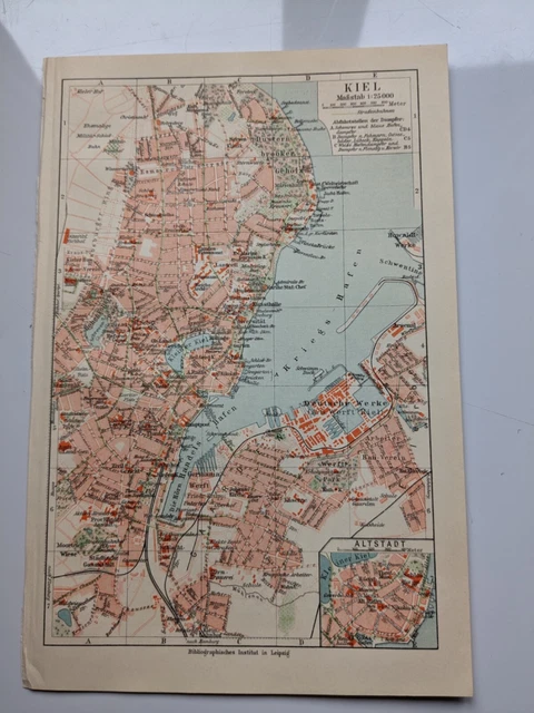 1925 KIEL GERMANY vintage antique chromolithograph map street plan £1. ...