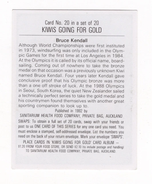 SANITARIUM NZ CARD. Olympians #20 Bruce Kendall Windsurfing $4.99 ...