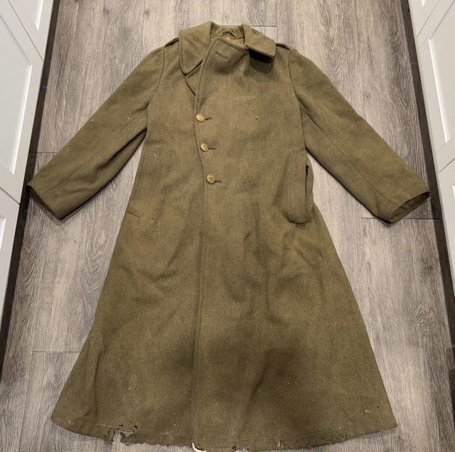 VINTAGE WWII WW2 ARMY Green Wool Trench Coat Overcoat Military War A24 ...