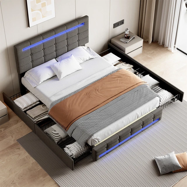 DOUBLE BED UPHOLSTERED Storage Bed Frame With LED Light, 4 Drawers and ...