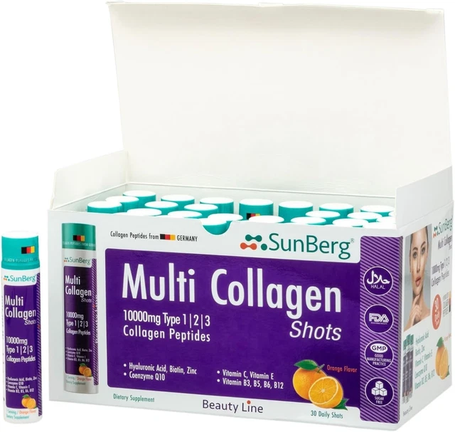 SUNBERG MULTI COLLAGEN Peptides Liquid Shots - 1000Mg Hydrolyzed ...