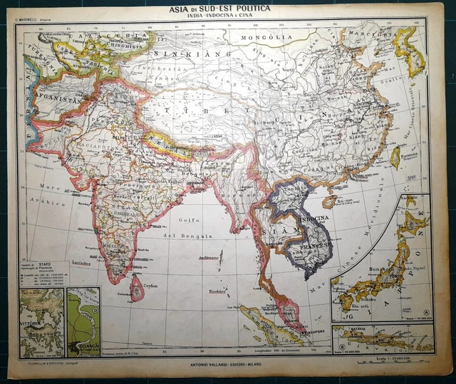 CARTA GEOGRAFICA ANTICA ASIA COLONIALE ante 2 guerra mondiale 1936 ...