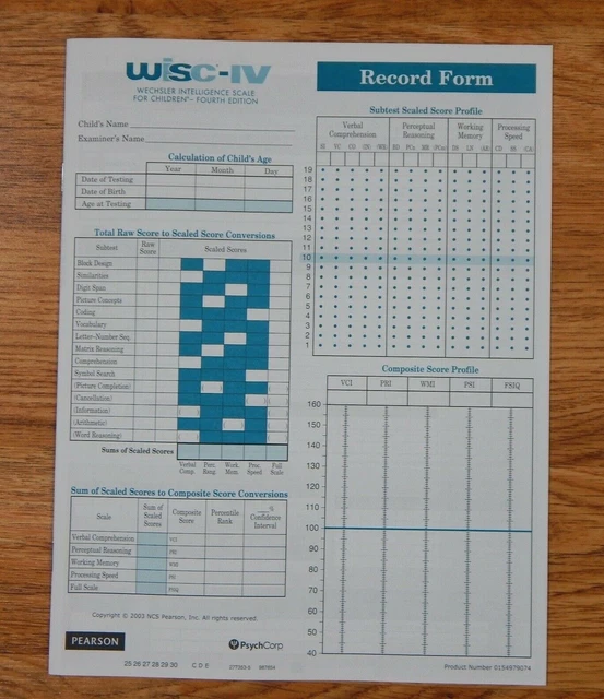 WISC-III INTELLIGENCE SCALE for Children Record Form £4.78 - PicClick UK