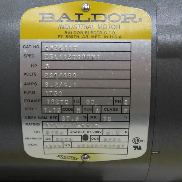 BALDOR CM3611T 3HP AC Moteur Électrique 208-230/460V 3PH 1750RPM 182TC ...