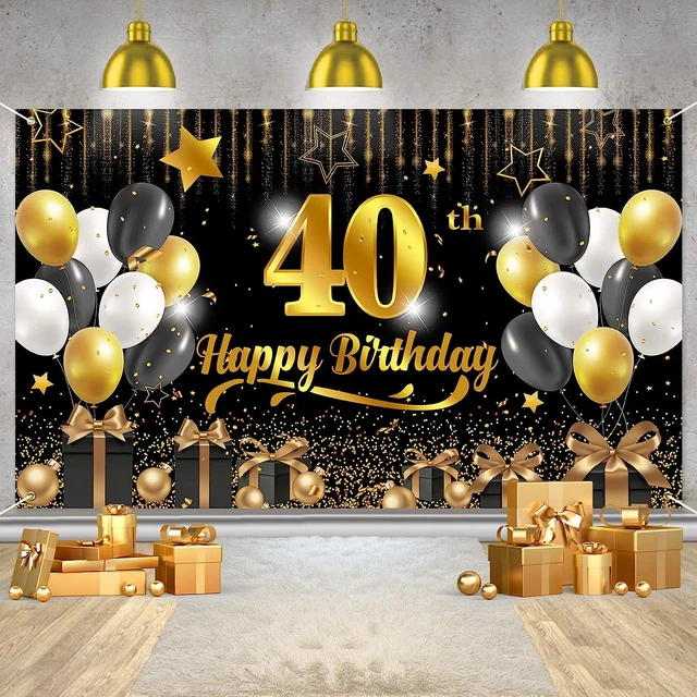 HAPPY 40TH BIRTHDAY Backdrop Background Banner Black Gold Party 185 x ...