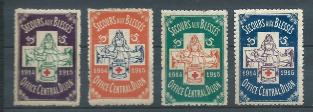 4 VIGNETTES NON DELANDRE Croix Rouge - DIJON 1914 1915 poster stamps ...