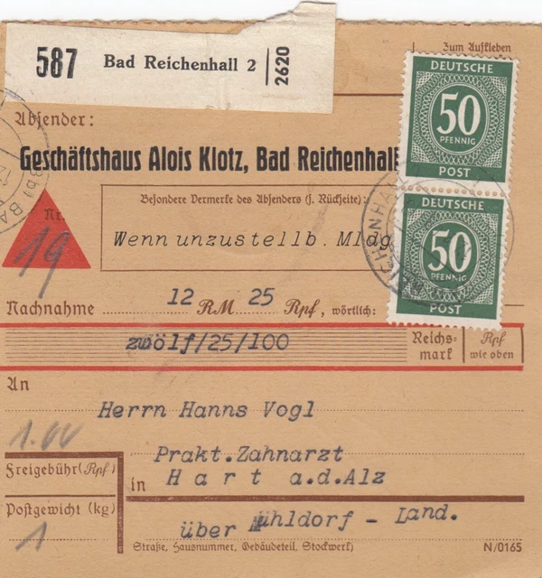PACKAGE CARD 1948: Bad Reichenhall to Hart, self-booker, cash on ...