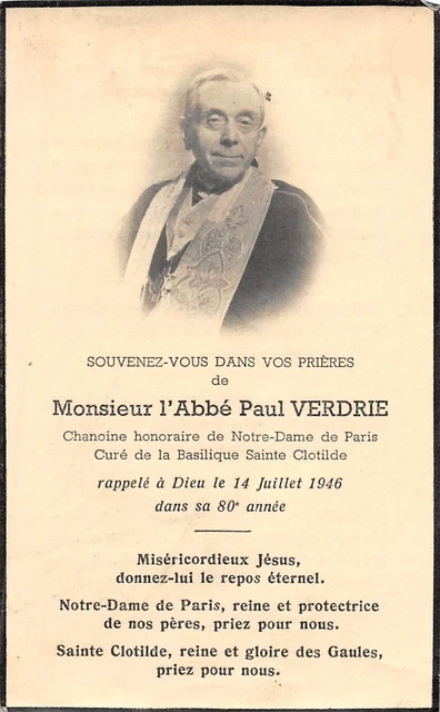 GÉNÉALOGIE AVIS DE décès Abbé PAUL VERDIE 14 juillet 1946 EUR 5,00 - PicClick IT
