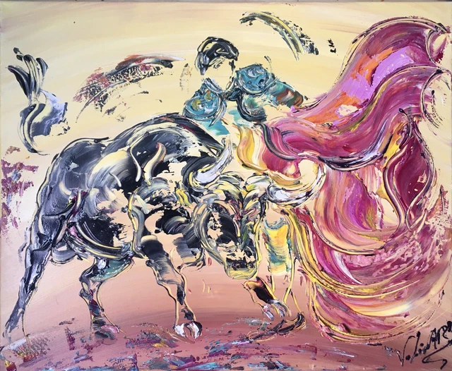 TABLEAU CORRIDA TAUROMACHIE Taureau 50x61cm LINARD PEINTURE TOILE EUR ...