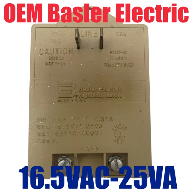 GENUINE TRANSFORMER 16.5VAC 25VA Basler Electric Class 2 Plug-In ...
