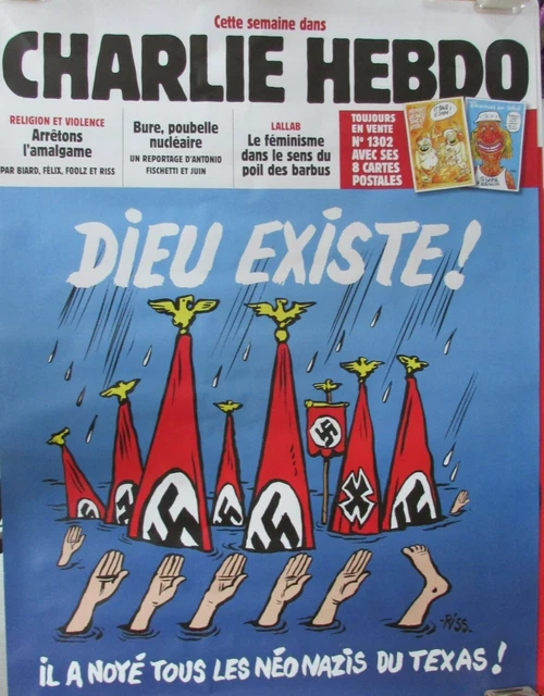 CHARLIE HEBDO ADVERTISING Poster God Exists He Drowned Texas Neo-Nazis ...