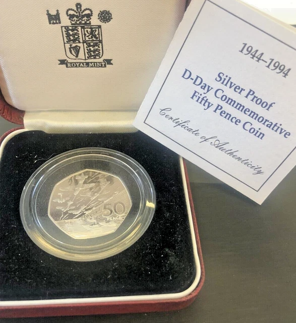 CASED ROYAL MINT 1944-1994 Silver Proof D-Day Commemorative Fifty Pence ...