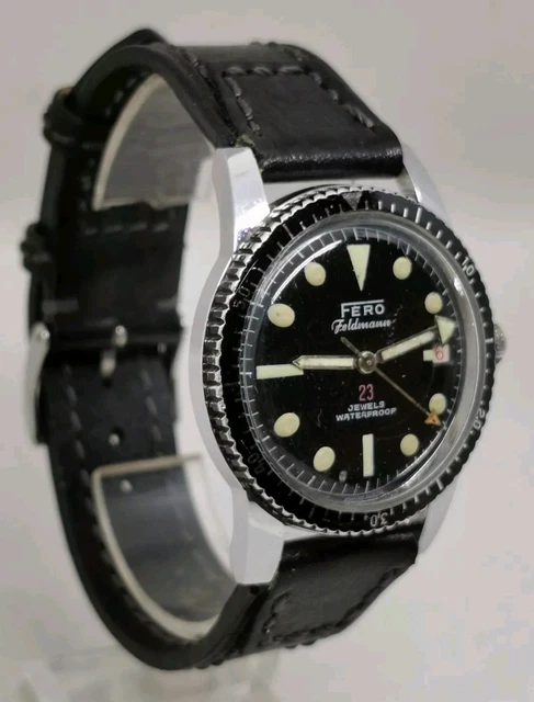 VTG 1960S FERO 23 Jewel Skin Diver 36mm Black Face Gents Mechanical ...
