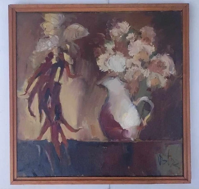 BOUQUET DE FLEURS pichet - Ancien Tableau Huile sur toile Nature Morte EUR 85,00 - PicClick IT