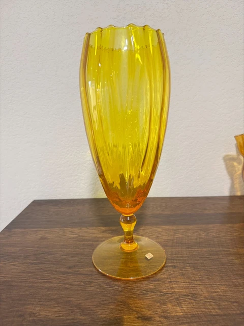 VINTAGE ITALIAN AMBER Art Glass Vase 12.5" Fluted Pedestal Goblet ...