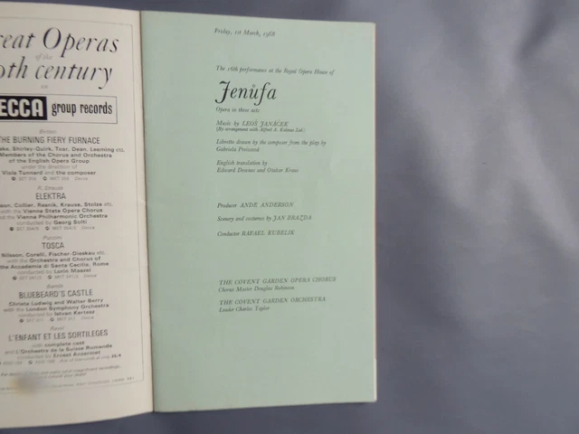 THE ROYAL OPERA House. Covent Garden. "JENUFA" 1st March 1968 EUR 7,27 ...