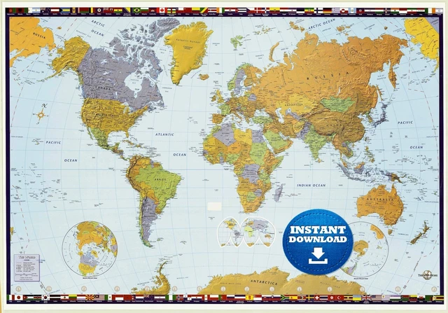 LARGE MAP OF THE WORLD POSTER 61x91cm w/ FLAGS DIGITAL WALL PRINT ART ...