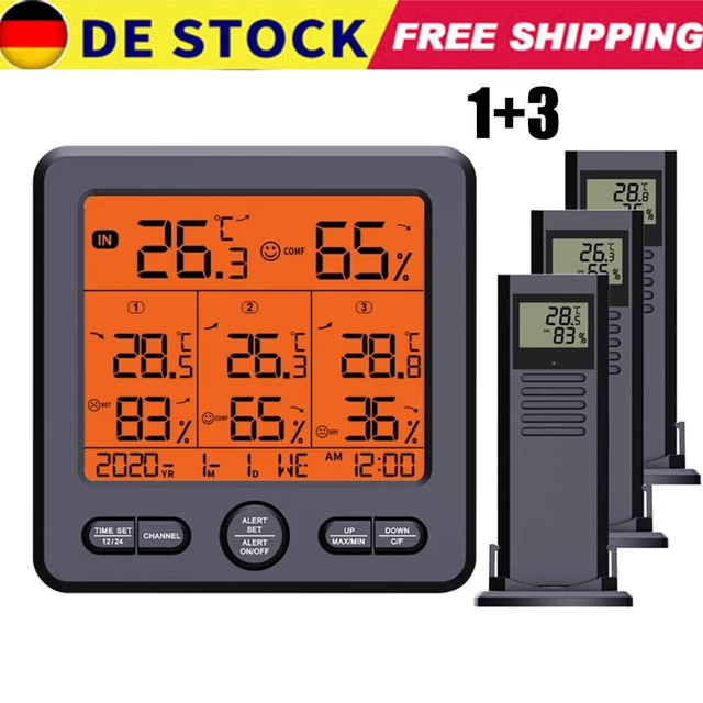 LCD KABELLOS -WETTERSTATION mit 3 Außensenor Wecker Kalender Vorhersage ...
