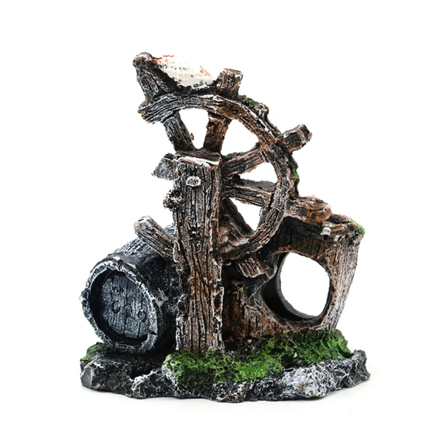 AQUARIUM ORNAMENT STEERING Wheel Wine Barrel Home Pet Fish Tank Decor ...